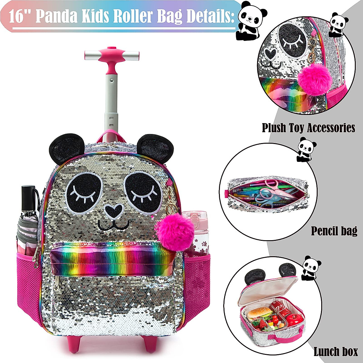 Panda School Kids Rolling Backpack for Girls With Wheels Trolley Wheeled Backpacks for Girls Travel Bags 3PCS Girls Backpack With Lunch Box and Pencil Case Kids Rolling Suitcase Silver Sequin Backpack