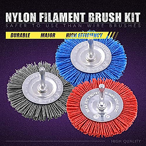 Swpeet 3Pcs 3Inch 80# 120# 240# Abrasive Nylon Wheel Brush Set with 1/4 Inch Shank, 3 Grit Nylon Drill Brush Set Perfect for Removal of Rust/Corrosion/Paint - Reduced Wire Breakage and Longer Life