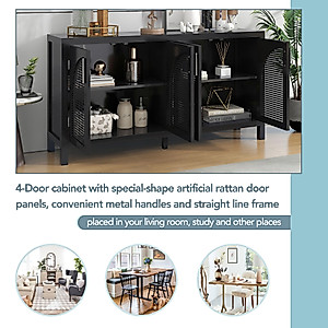 Bellemave Accent Storage Cabinet Buffet Cabinet Freestanding Storage Sideboard with Artificial Rattan Doors & Metal Handles, Entryway Cabinet for Living Room Office Bedroom, Kitchen (Black)