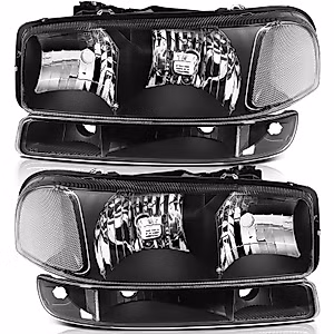 LBRST Headlight Assembly For GMC Sierra 1500 1999-2006 For GMC Sierra 1500 Classic 2007 Black Housing Clear Reflector Clear Lens Driver and Passenger Side Headlamp