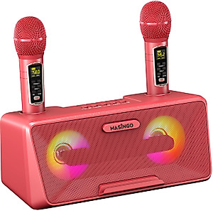 MASINGO Karaoke Machine for Adults and Kids with 2 Wireless Microphones, Portable Bluetooth Singing Speaker, Colorful LED Lights, PA System, Lyrics Display Phone Holder, and TV Cable. Presto G2 Pink