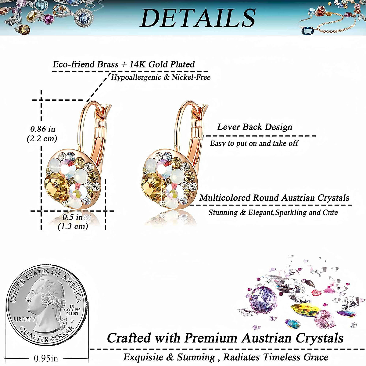 Multicolored Austrian Crystal Drop Earrings for Women 14K Gold Plated Hypoallergenic Leverback Dangle Earrings (Yellow Main Crystal/Rose Gold-tone)