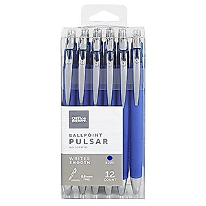 Office Depot Pulsar Advanced Ink Ballpoint Pens, Conical/Medium Point, 0.8 mm, Blue Barrels, Blue Ink, Pack Of 12