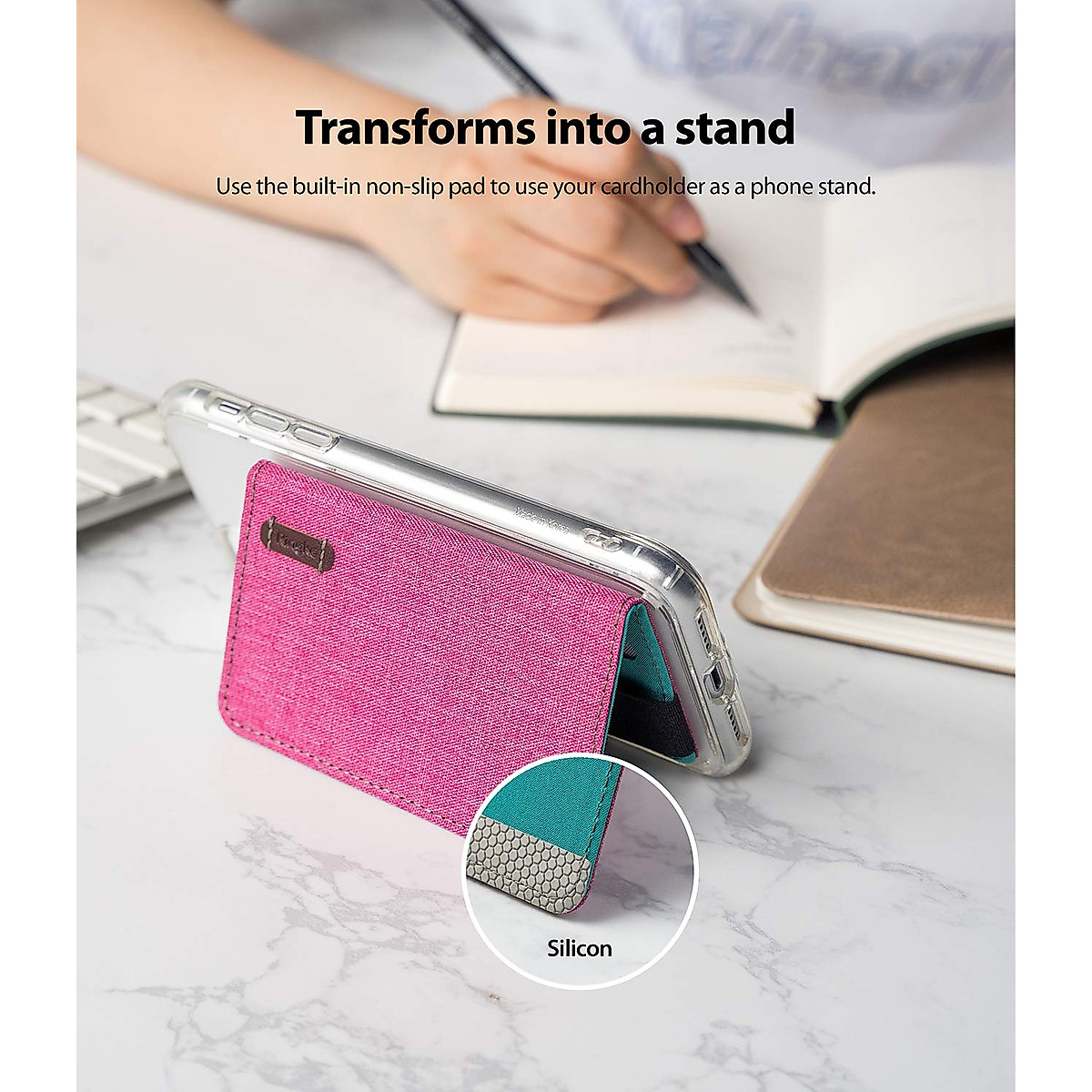 Ringke Flip Card Holder with Elastic Hand Strap Slim Soft Band Grip Fashion Multi-Card Slot 3M Stick-On Wallet Credit Card Cash Mini Pouch Attachment Compatible with Most Smartphones - Pink