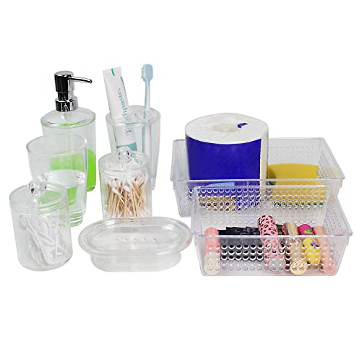 Transparent Bathroom Accessories Set 8 Pieces Bath Ensemble Includes Soap Dispenser, Toothbrush Holder, Toothbrush Cup, Soap Dish,New Apartment Essentials for Decorative Countertop