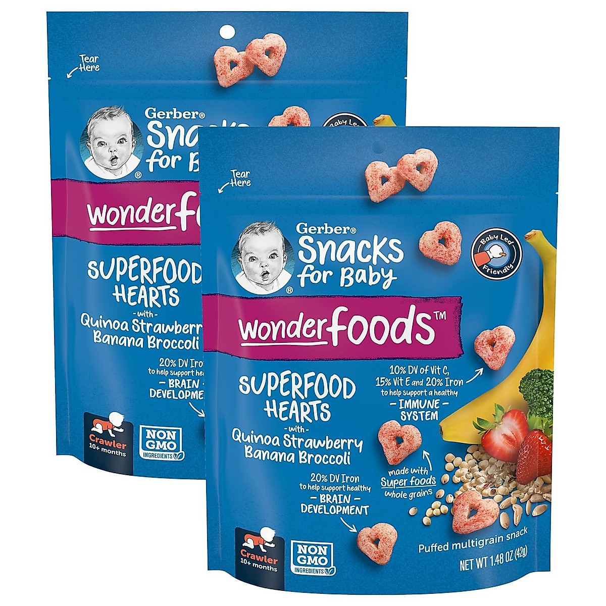 Gerber Snacks for Baby Wonder Foods SuperFood Hearts with Quinoa Strawberry Banana Broccoli, Puffed Multigrain Snack, Non-GMO Ingredients, Resealable Pouch 1.48 Ounce(Pack of 2)