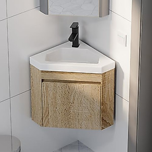 eclife 22" Corner Bathroom Vanity Sink Combo for Small Space Wall Mounted Floating Cabinet with White Resin Sink and Matte Black Faucet, Oak