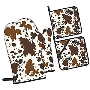 Feartdiy Oven Mitts and Pot Holders Sets of 4,Cow Leather Brown Print Heat Resistant Kitchen Cooking Oven Gloves and Potholders for BBQ Baking Grillin, One Size