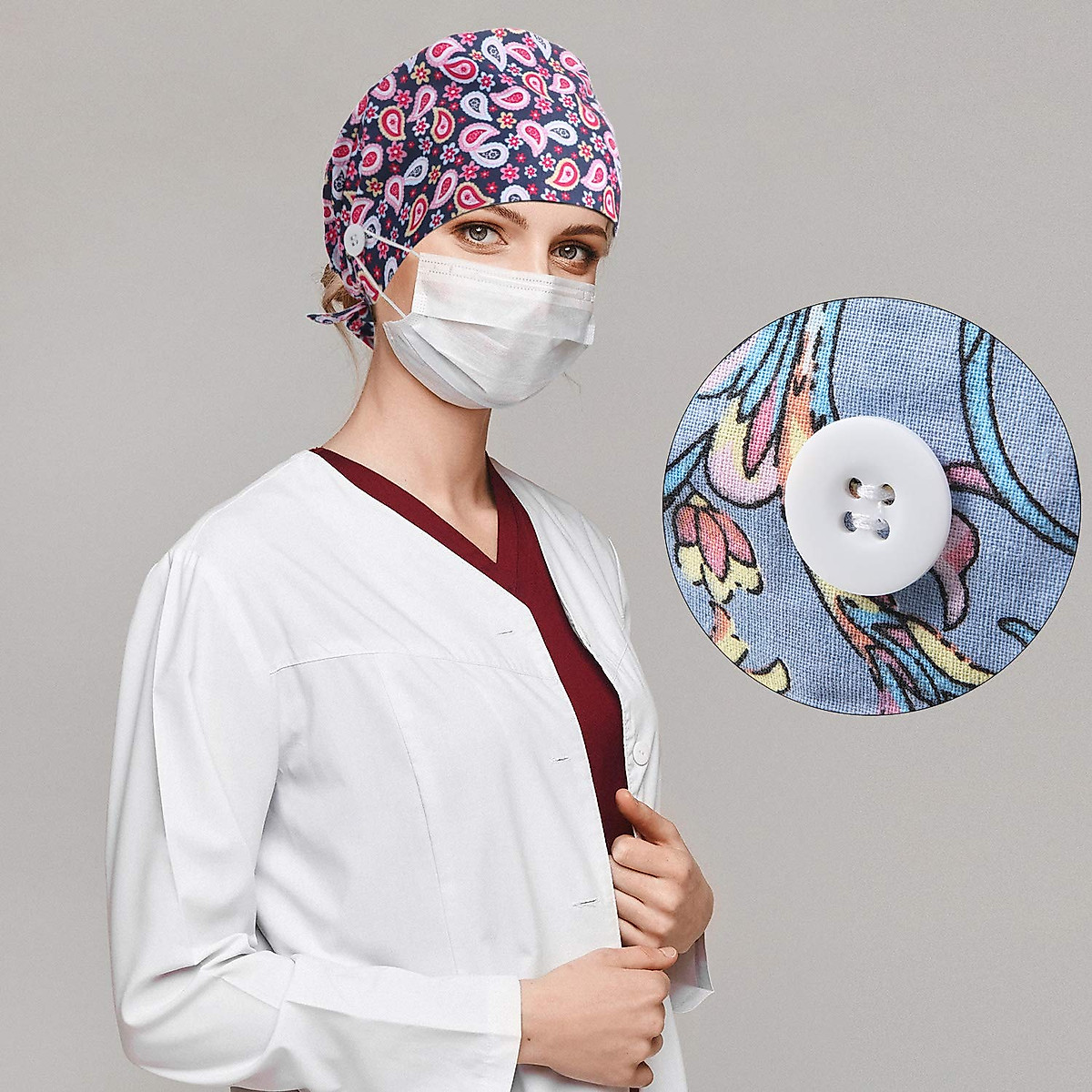 SATINIOR 6 Pieces Adjustable Turban Caps with Button and Sweatband Bouffant Printed Covering Hat for Women Men