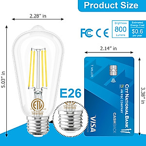 Sailstar E26 LED Bulb 60 Watt Equivalent, Light Bulbs 60 Watt Soft White 3000K, 800LM Edison Bulbs 60 Watt LED, LED Edison Bulb for Dining Bathroom Vanity, 120V, CRI85+, 6W, Non-dimmable, 6 Pack
