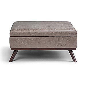 SIMPLIHOME Owen 36 Inch Wide Mid Century Modern Square Coffee Table Lift Top Storage Ottoman in Upholstered Distressed Grey Taupe Faux Leather, For the Living Room