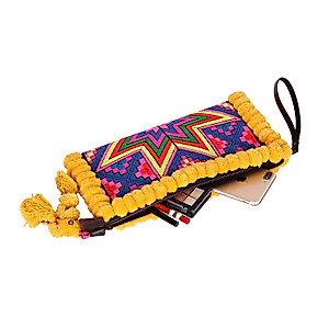 Yellow Pom Pom Clutch Bag with Embroidered Hmong Tribes Star Pattern