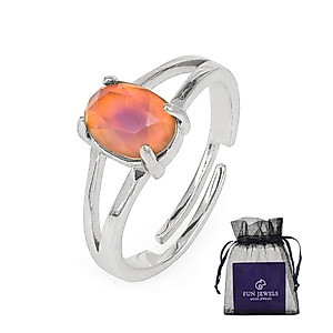 FUN JEWELS Minimalist Mood Ring in Silver Size Adjustable with Color Changing Facet Oval Crystal Stone For Women