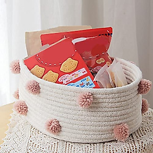 Cotton Rope Basket Storage Bin: Cotton Storage Baskets Woven Blanket Baskets with Pompom Round Storage Organizer for Dirty Clothes Pet Kids Small Items Storage 20X15CM
