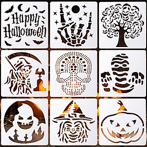 9 Pieces Halloween Stencils Template 7.9 x 7.9 Inch Large Halloween Pumpkins Painting Stencils Reusable Witch Skeleton Template for DIY Cards Drawing on Wood Paper Wall Crafts