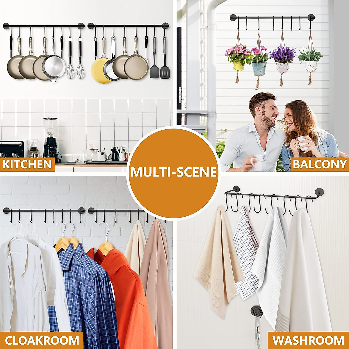 Black Steel-made Kitchen Utensil Rack Organizer Wall-mounted Pot Pan Wall Hanger Holder For Hanging Rail with 10 S Hooks