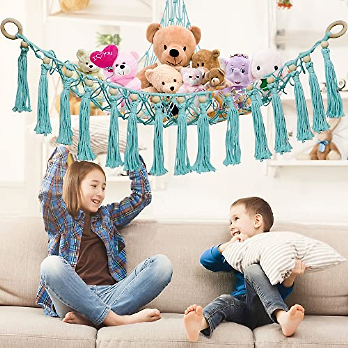 Stuffed Animals Net or Hammock With Light, Animal Hammock Holder with Hooks for Hanging, Toys Organizer Suitable For Children's Room Bedroom Kindergarten Nursery Stuffed Animal Storage…