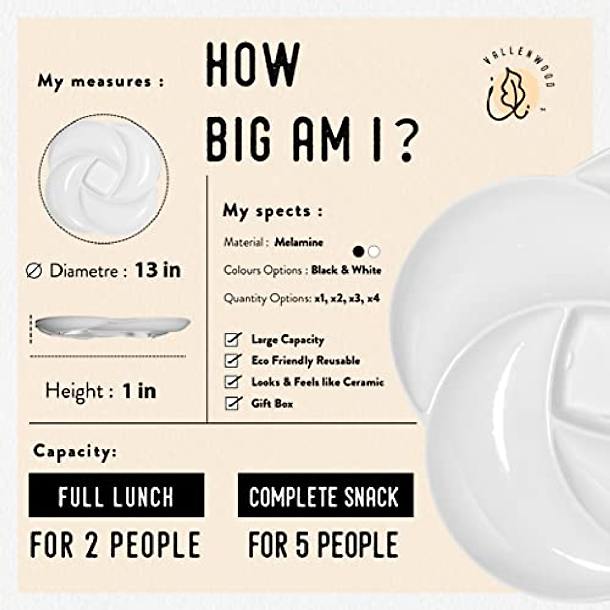 1 Ecology Reusable Non Disposable White Veggie Tray for Partys. 13 in, Unbreakable Melamine Not Plastic. Appetizer Sectioned Platter. Vegetables and Fruits. Chip and Dip Serving Dish for entertaining.