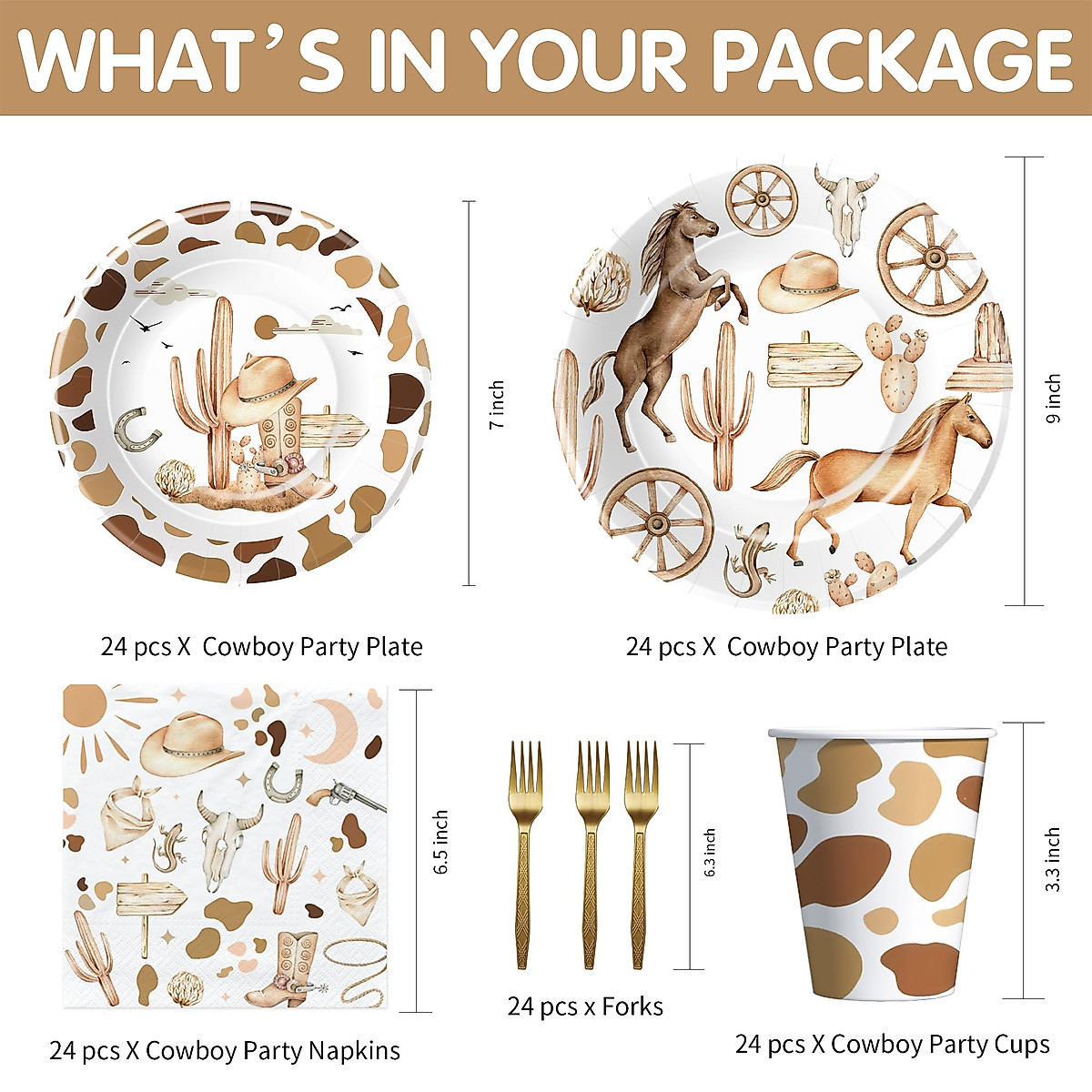 APOWBLS Western Cowboy Party Decorations Dinnerware - Wild West Party Supplies, Paper Plate, Cup, Napkin, Fork, Western Cowboy Rodeo Theme Birthday Baby Shower Decorations Tableware | Serve 24 Guests