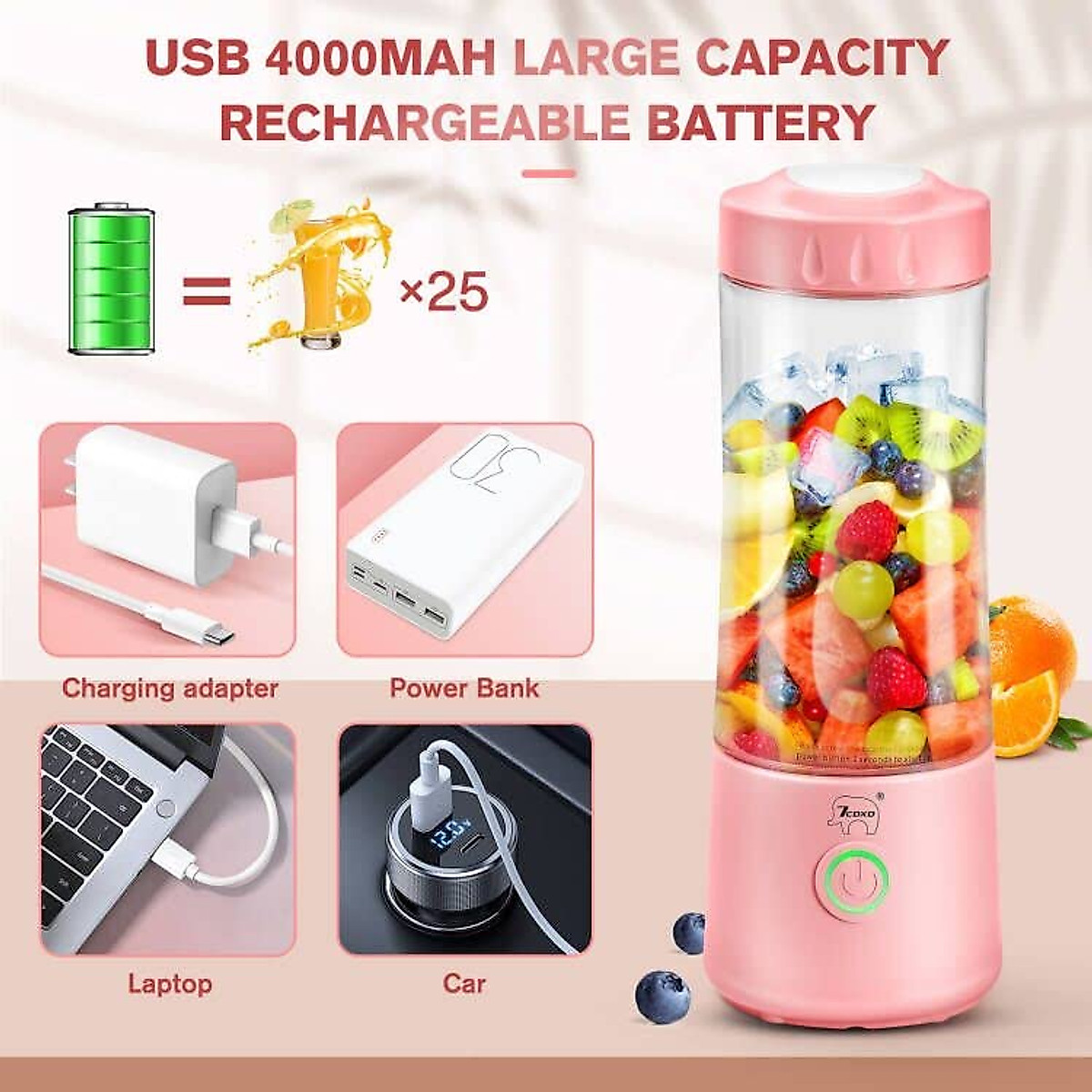 Portable Blender, Personal Blender for Shakes and Smoothies 13.5 Oz Blender Bottles with 6 Sharp Blades Hand-held Blender for Kitchen Gym Travel Office