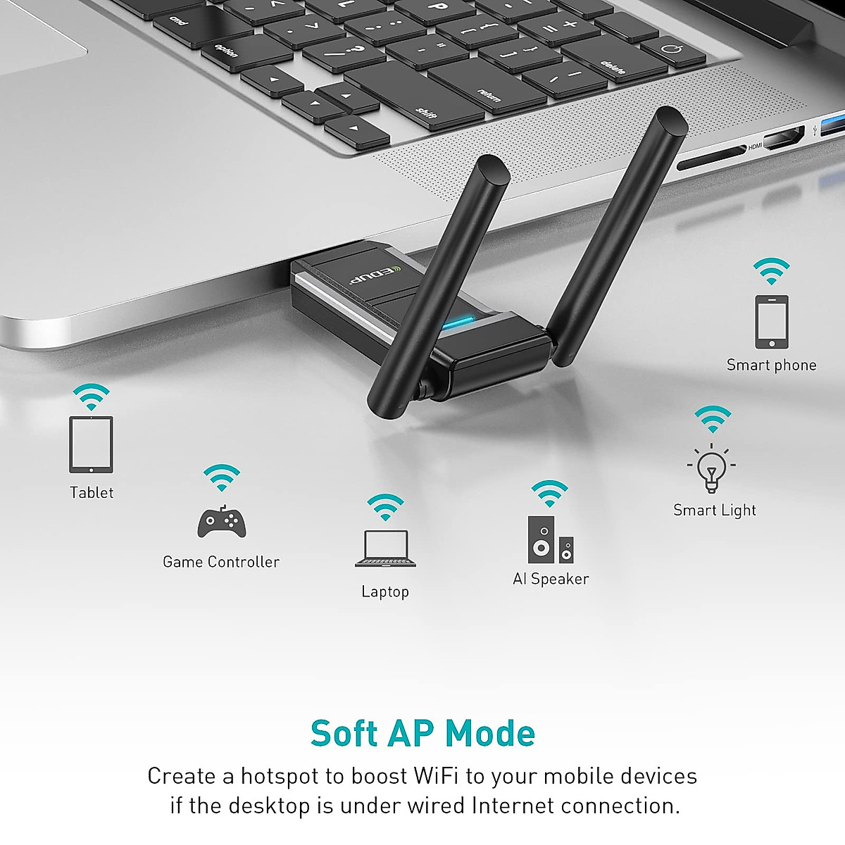 EDUP USB 3.0 WiFi Adapter AC 1300Mbps Long Range High Gain Dual Band Antennas 5.8Ghz/2.4Ghz Wireless Network Adapters for Desktop PC Laptop Support Windows 11/10/8.1/8/7/XP/Vista/Mac 10. 6-10.15