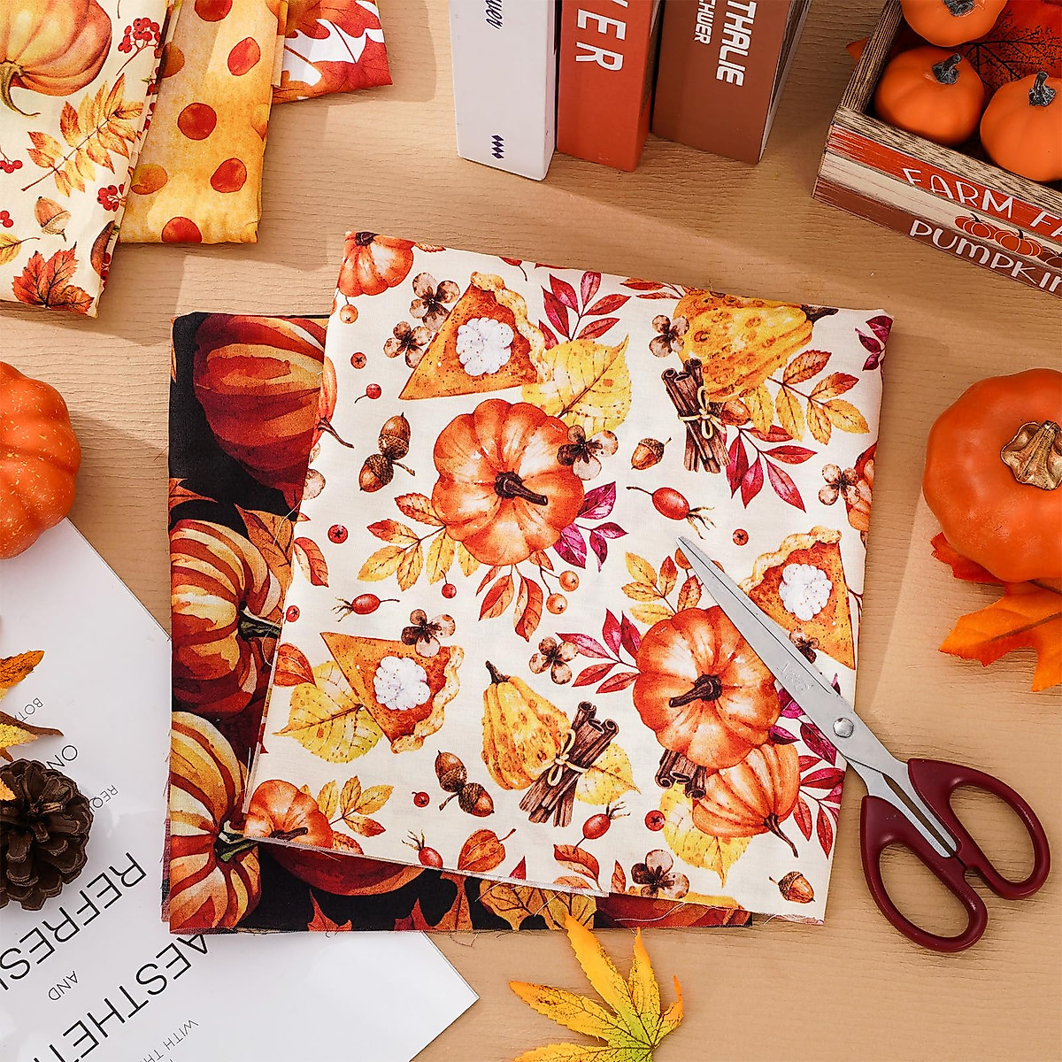 Whaline 12Pcs Fall Cotton Fabric Bundles 18 x 22 Inch Watercolor Pumpkin Maple Sunflower Fat Quarters Autumn Quilting Patchwork Squares Sewing Fabrics for Fall Thanksgiving DIY Craft Party Decor