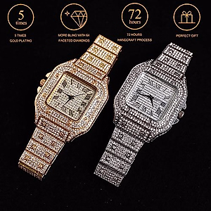 Halukakah Men's Diamond Watch - The King - 18K Gold Plated, 40MM Square Dial, Iced Out Wristband, Lab Diamonds Handset, Comes in Giftbox