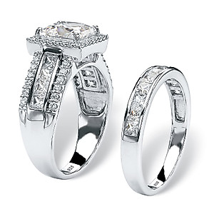 PalmBeach Platinum-plated Sterling Silver Princess Cut Cubic Zirconia Halo Bridal Ring Set Sizes 6-10 Size 7