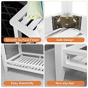 Zoopolyn Bamboo Shower Bench Seat with Storage Shelf Shower Stool Chair for Shaving Legs in Bathroom & Inside Shower White