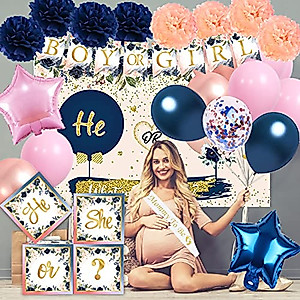 Gender Reveal Decorations - 4 Sets of He or She Balloons Boxes with Letters,Baby Blocks for Baby Shower Backdrop,Navy and Blush Balloons Set & Boy or Girl Banner,Mommy To Be Sach with Paper Pom Poms for Boy or Girl Baby Shower Gender Reveal Party Supplies