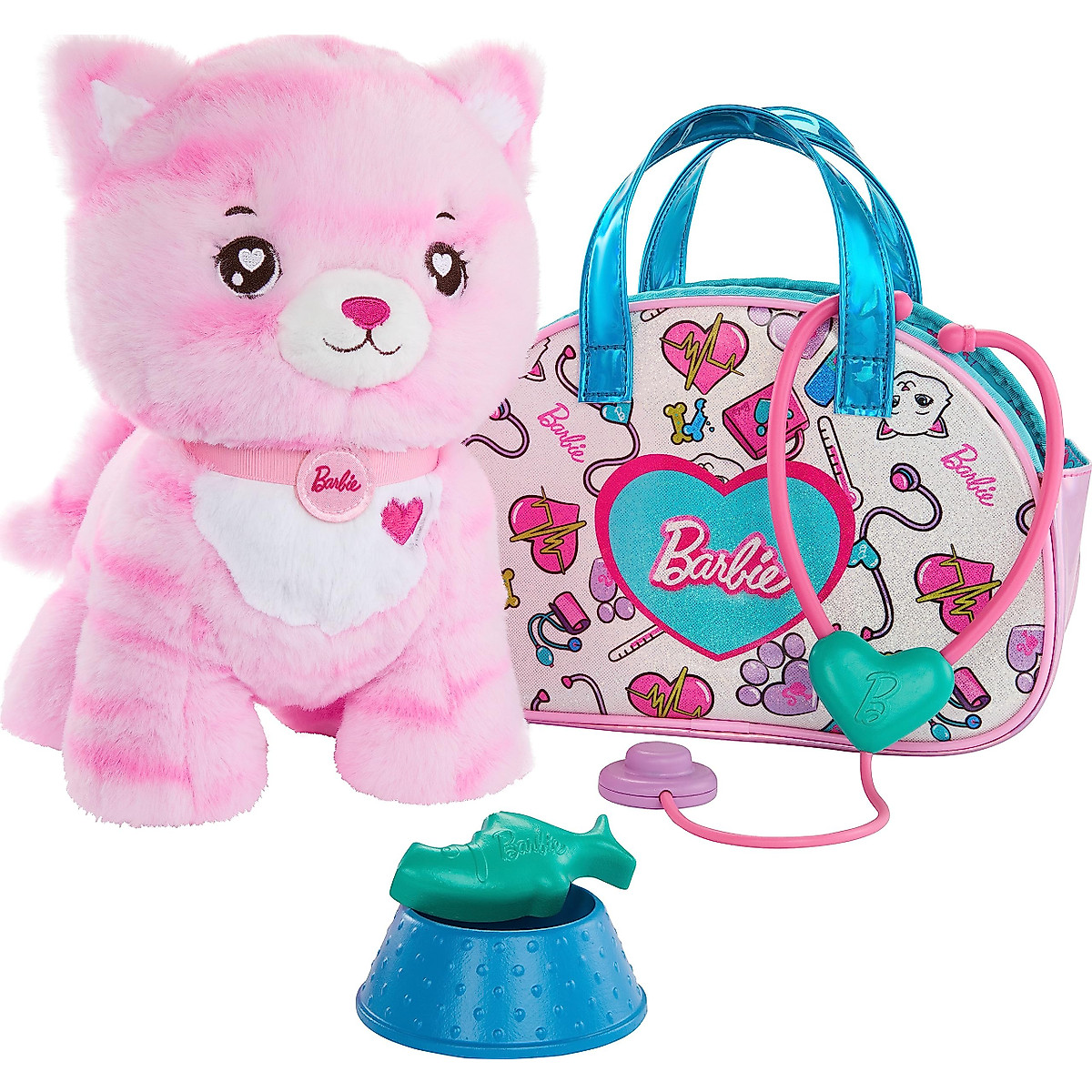 Barbie Stuffed Animals, Pink Kitten with Vet-Themed Purse Playset and 6 Accessories, Plush with Lights and Sounds, Doctor Pet Adventure