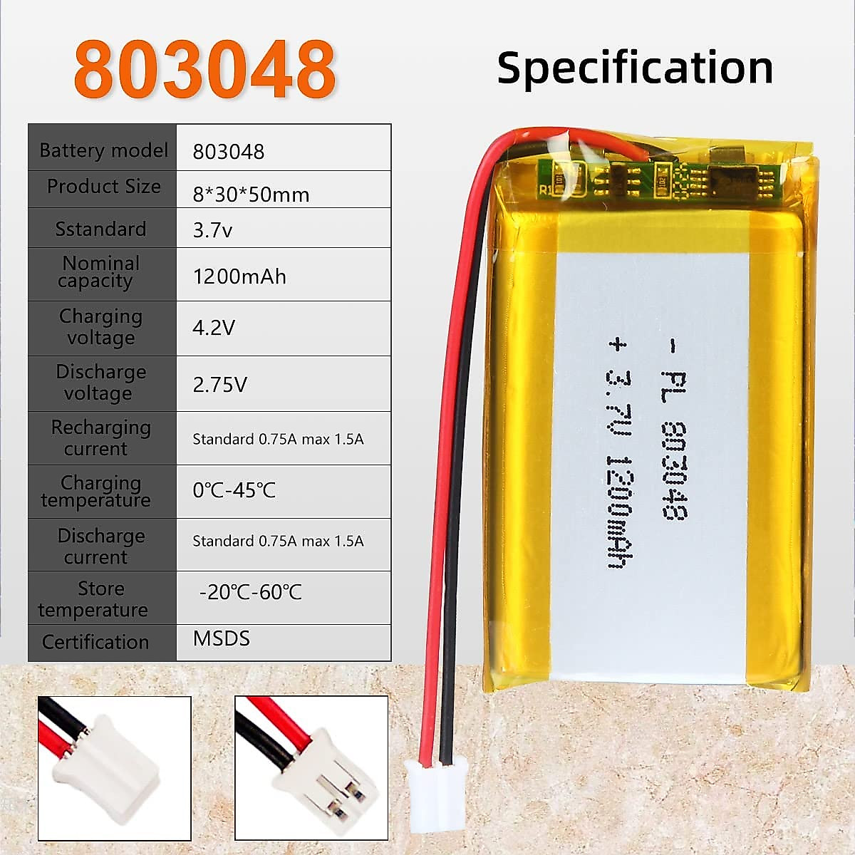 3.7V 1200mAh 803048 Lipo battery Rechargeable Lithium Polymer ion Battery with JST Connector