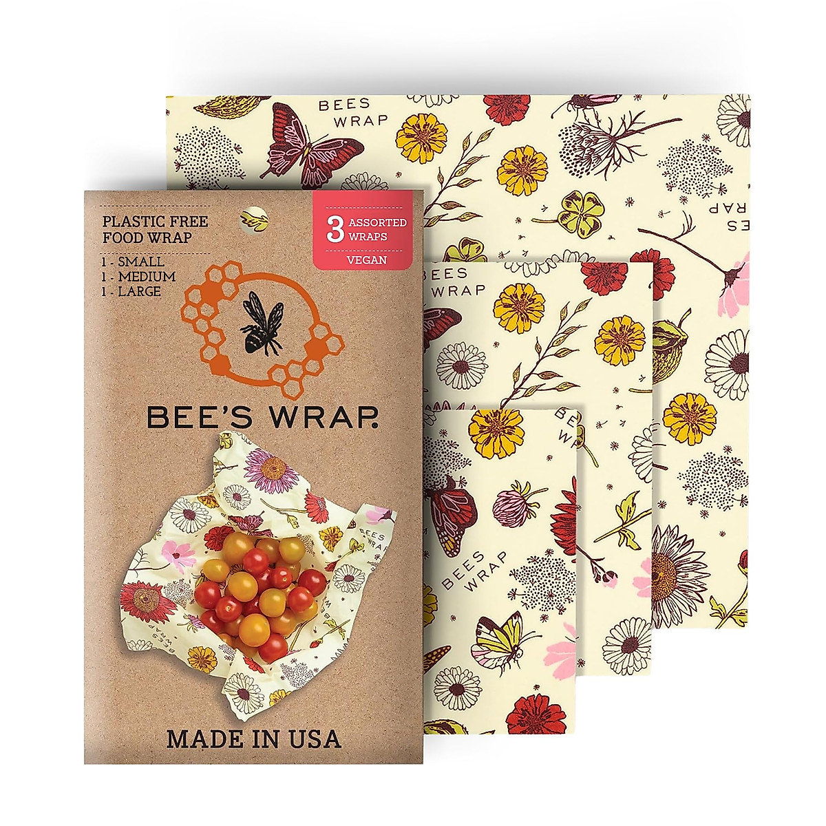 Bee's Wrap Reusable Beeswax Food Wraps Made in the USA, Eco Friendly Beeswax Wraps for Food, Sustainable Food Storage Containers, Organic Cotton Food Wraps, Assorted 3 Pack (S, M, L), Vegan