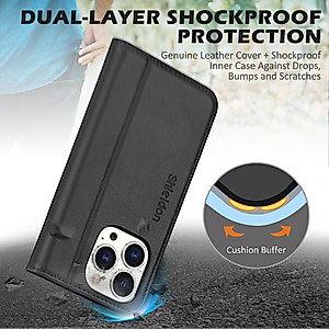 SHIELDON Case for iPhone 15 Pro 5G 6.1", Genuine Leather iPhone 15 Pro Wallet Case Flip Cover RFID Blocking Card Slots Magnetic Closure Shock-Absorbent Case Compatible with iPhone 15 Pro 2023 - Black