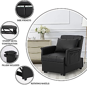 Oprisen Sleeper Chair Bed 3-in-1 Convertible Chair Bed Pull Out Sofa Bed w/Adjustable Backrest Faux Leather Chaise Lounge Sofa Bed Couch for Small Space w/Side Pockets (PU-Black)