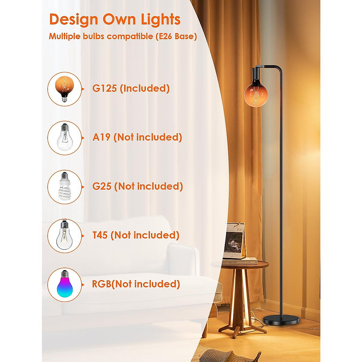 YIKBIK Modern Floor Lamps with Light Bulb, Industrial Floor Lamp for Living Room 5" Light Bulb 69" Tall Bright Warm White Standing Lamp, E26 Socket, On/Off Foot Switch for Office Bedroom