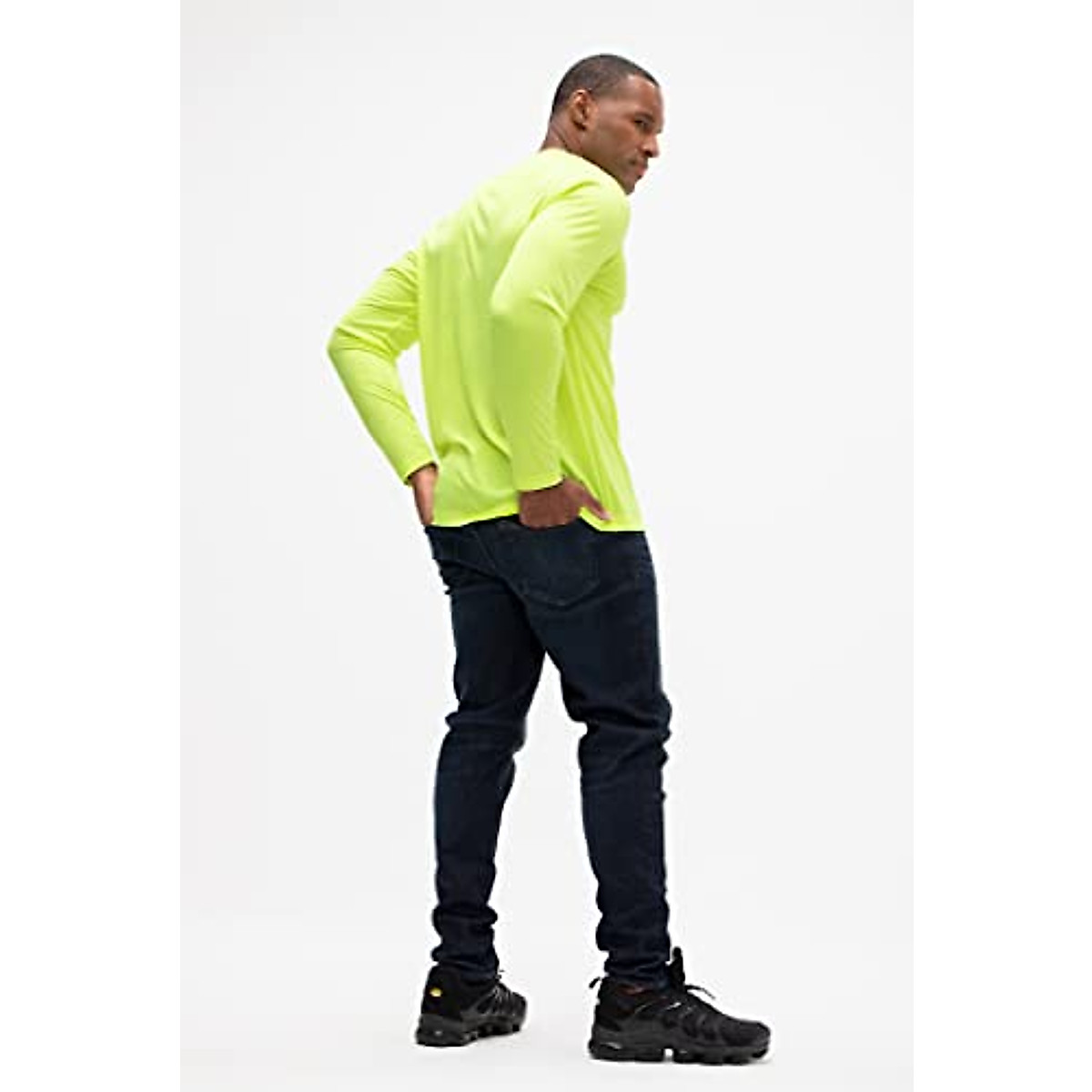 DEVOPS Men's 3Pack UPF 50+ Dri fit Workout Moisture Wicking Long Sleeve T-Shirt (Medium, Navy/Safty Green/White)