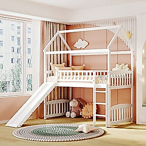 BOVZA Twin Size House Loft Bed with Convertible Slide and Ladder, Low Loft Bed with Roof and Guardrails, Wood Loft Bed Frame for Kids Boys Girls Teens, White
