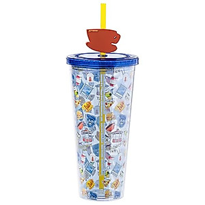Silver Buffalo Gilmore Girls Iconic Destinations Featuring Luke's Diner, Stars Hollow, and Dragonfly Inn Plastic Cold Cup with Lid and Topper Straw, 24 Ounces