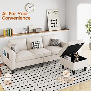 ZeeFu Convertible Sectional Sofa Couch: Beige 3 Seat L-Shaped Sectional Sofa Couches with Storage Ottoman - Modern Linen Fabric Small Sofa Couch Set for Living Room Office Small Space Apartment