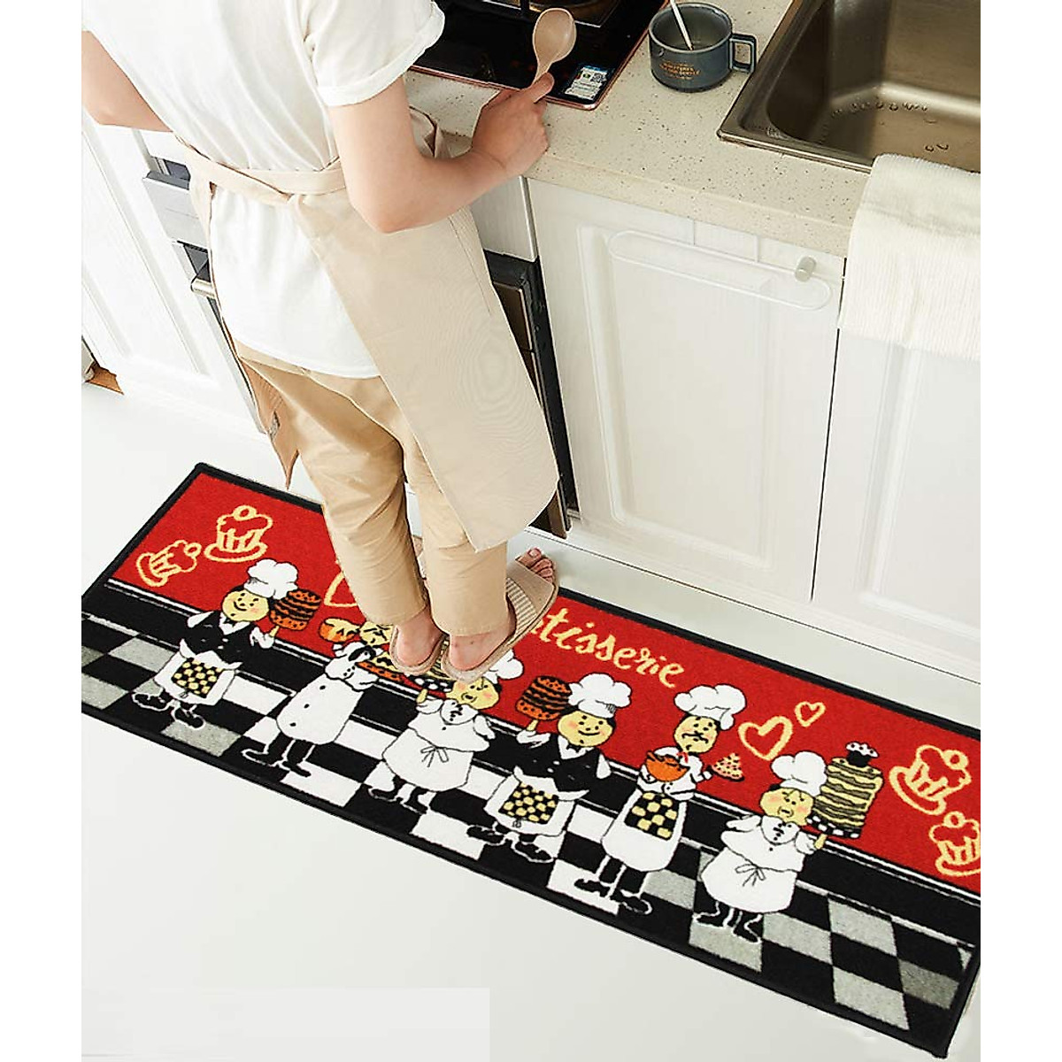 Wolala Home Non-Slip Rubber Backing Kitchen Rug Sets Chef and Black White Checkered Pattern Area Rugs for Kithen Floor/Door/Dinning Room Washable/Easy Clean Mat (Red, 1'3x2'0+1'3x4'0)