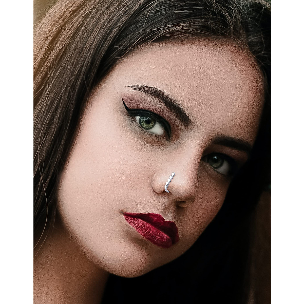 Akeoqi 6Pcs Nose Studs Nose Ring Inlaid Cubic Zirconia L Shaped Studs Lotus Star Heart Nose Nostril Piercing Jewelry for Women Men Sliver Tone 20G