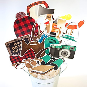 Camping Lumberjack Photo Booth Props | 18 piece set by Paper and Cake | Antlers, Ax, Beard, Plaid Cap, S’mores and more | Great for Birthday Parties and Events