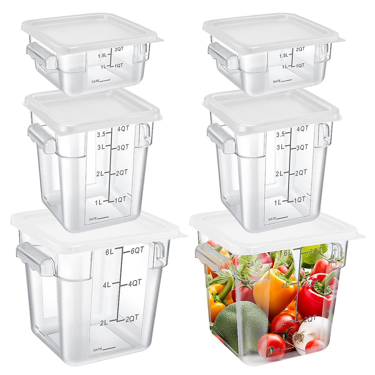Suclain 6 Pcs Square Food Storage Container with Lid Set 2Qt 4Qt 6Qt Clear Commercial Container with Scales Handles for Home Restaurant Kitchen Proof Dough Marinating Meat, Polycarbonate(White)