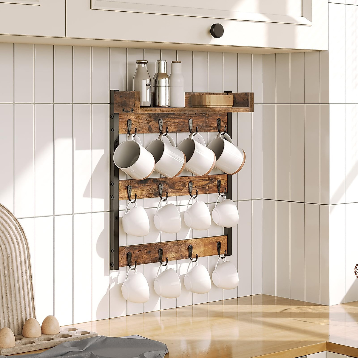 YATINEY Coffee Mug Holder Stand, 3 Tier Mug Tree Holder Rack, Mug Cup Rack Stand, Coffee Mug Rack can Hanging 12 Cups, with Top Shelf, for Kitchen and Coffee Station, Rustic Brown MH42BR