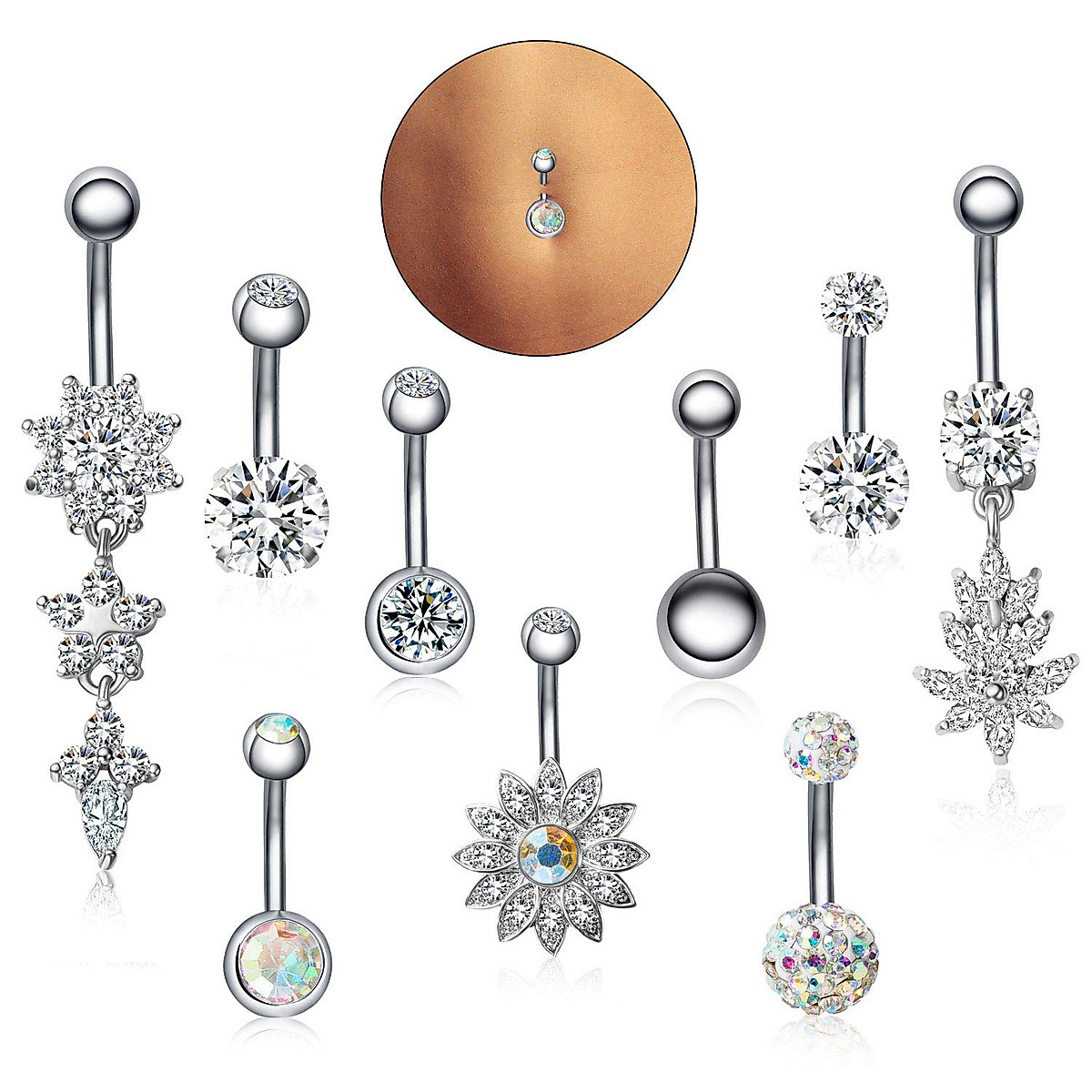 JDXN 6-8PCS 14G Stainless Steel Belly Button Rings CZ Pineapple Dangling Dangle Navel Ring Body Piercing (9PCS/SET Silver)