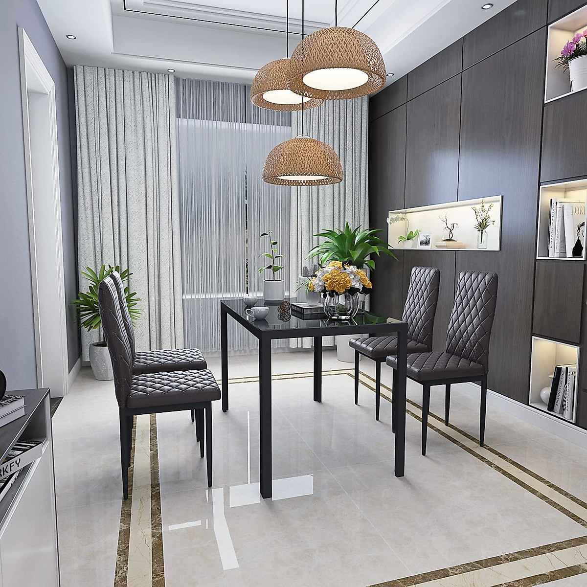 FIQHOME 5-Piece, Black Tempered Glass Kitchen Faux Leather Padded, Contemporary Room 4, Family Dining Table & Chair Set