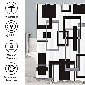Gibelle 4 Pcs Bathroom Shower Curtain Set with Non-Slip Rugs, Toilet Lid Cover and Bath Mat, Grey Black and White Bathroom Decor Set with Shower Curtain and Rugs and Accessories