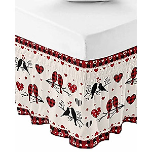 Valentine's Day Bed Skirt Queen Size 18 Inch Drop, Adjustable & Elastic Wrap Around Bed Skirts Pleated Luxury Dust Ruffles for Twin Full Queen Cal King Base Bed, Burlap Love-Bird Red Black Plaid