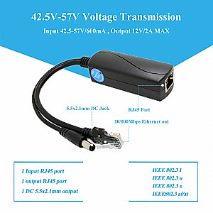 REVODATA Active PoE Splitter 12V 2A Output, IEEE 802.3af/at Standard 10/100Mbps Power Over Ethernet Splitter for Security IP Camera DC Jack (PS5712AT Black)